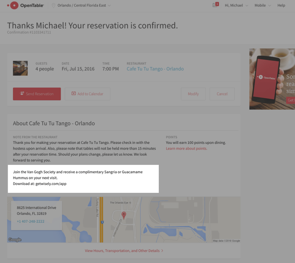 Using OpenTable Confirmations to Increase Wisely Guest Signups
